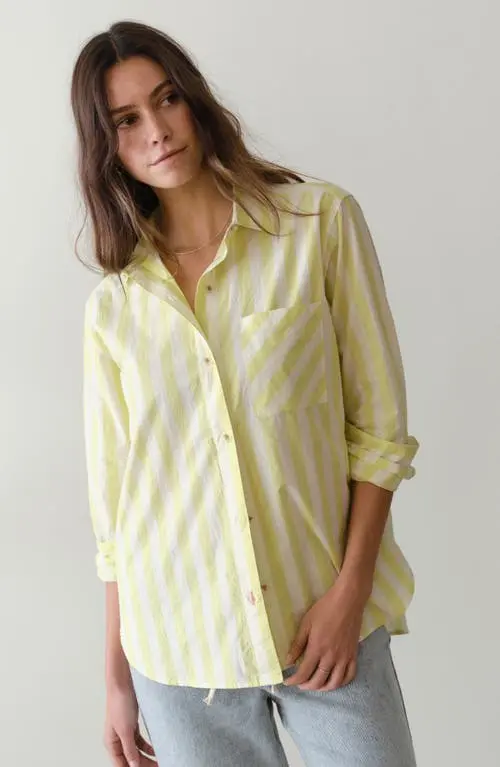 Marine Layer Relaxed Stripe Cotton Poplin Button-up Shirt - Lime Stripe