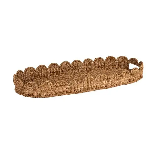 STORIED HOME Decorative Hand-woven Bankuan Scalloped Tray With Handles - Natural