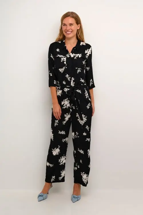 KAFFE Rutie 3/4 Sleeve Jumpsuit - Black/white Flower Print