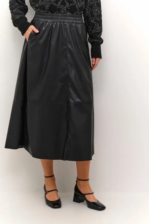 KAFFE Kamikka Faux Leather A-line Midi Skirt