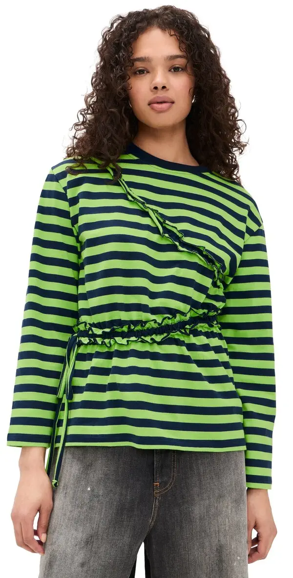 DAMSON MADDER Striped Ruffle Long Sleeve Tee