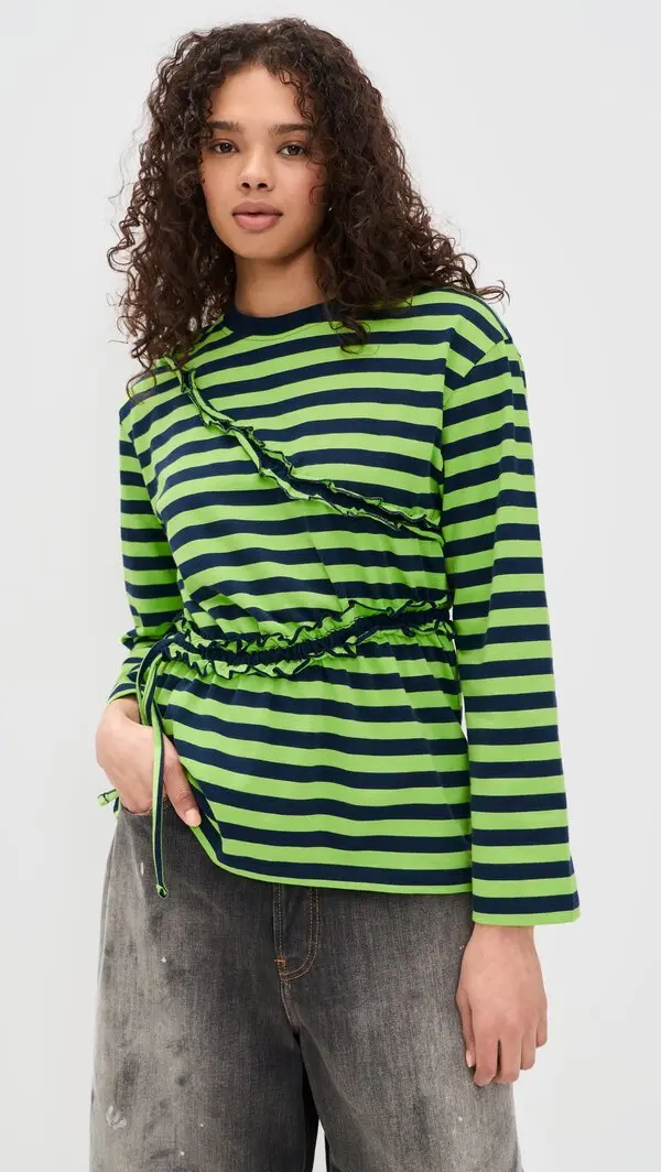 DAMSON MADDER Striped Ruffle Long Sleeve Tee
