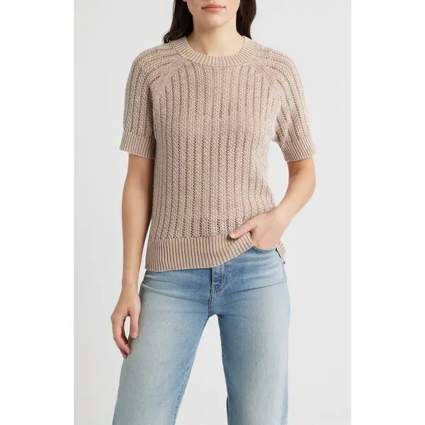 CITY BLUES Washed Openwork Knit Rib Short Sleeve Sweater - Latte