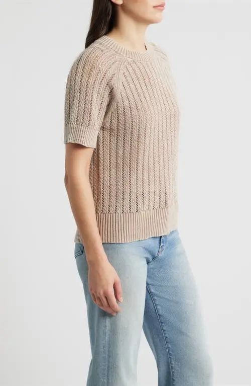 CITY BLUES Washed Openwork Knit Rib Short Sleeve Sweater - Latte