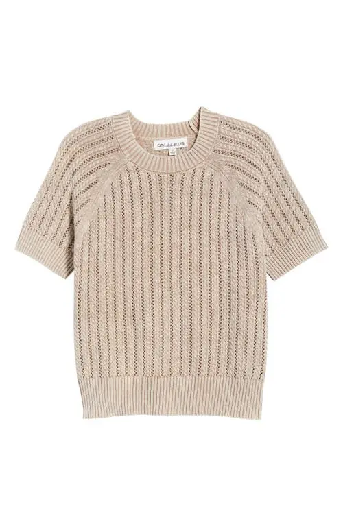 CITY BLUES Washed Openwork Knit Rib Short Sleeve Sweater - Latte