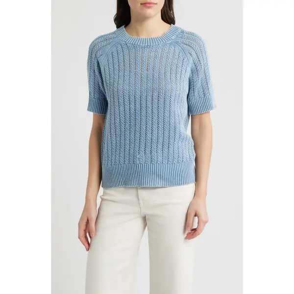 CITY BLUES Washed Openwork Knit Rib Short Sleeve Sweater - Ocean