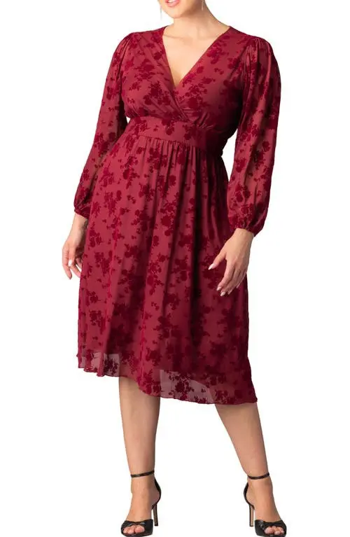 KIYONNA Melanie Floral Mesh Cocktail Dress - Bordeaux Flocked Florals