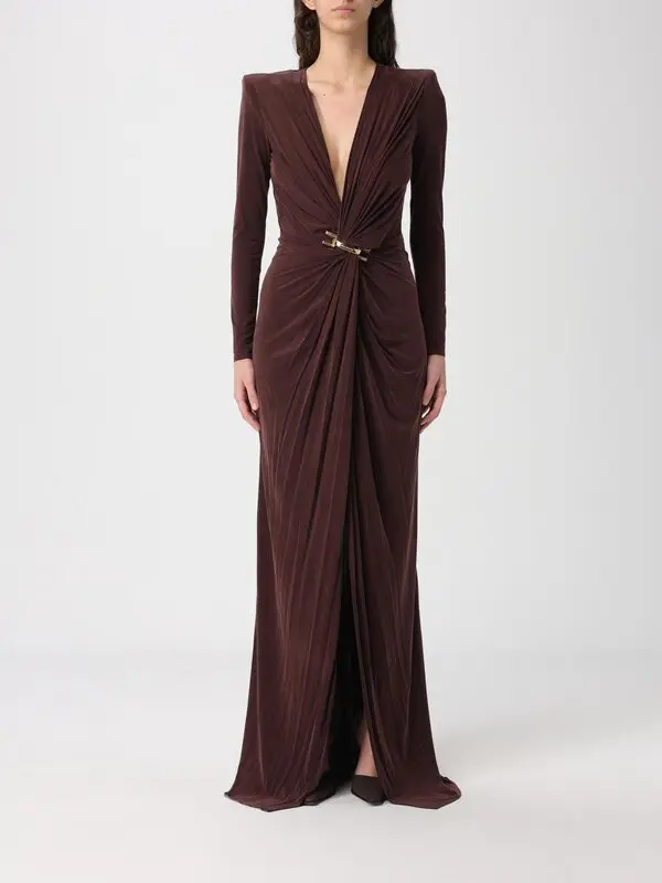Elisabetta Franchi Long Sleeve V-neck Ruched Maxi Dress