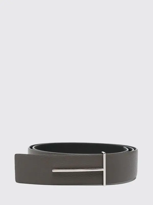 TOM FORD Reversible Pebbled Leather Belt With T Monogram Buckle - Grey