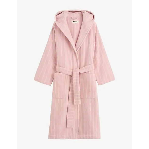TEKLA Hooded Striped Cotton Bathrobe - Shaded Pink Stripes