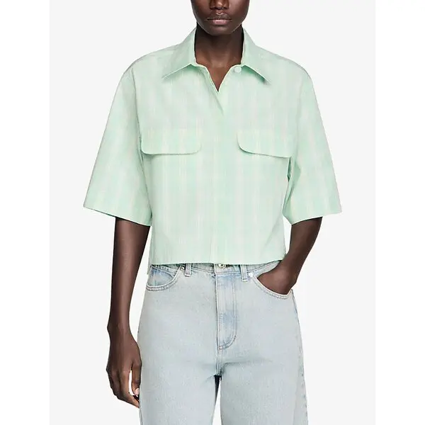 Sandro Check-print Cropped Cotton Shirt