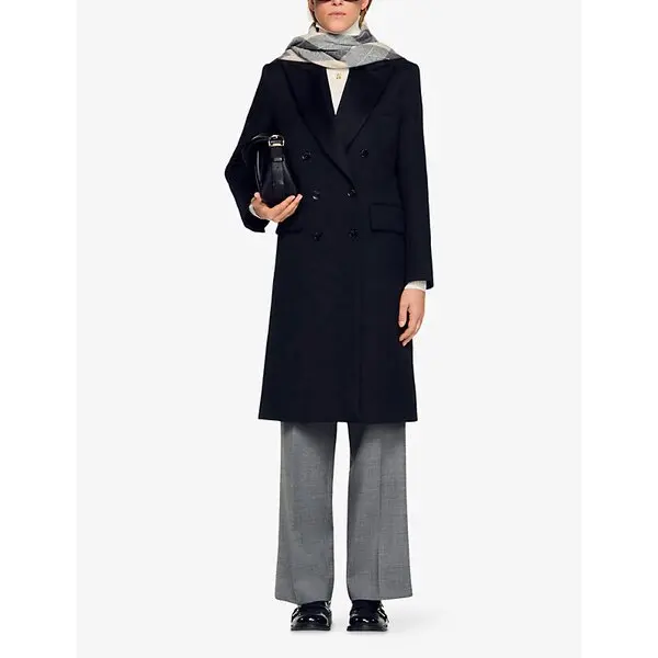 Sandro Double-breasted Wool-blend Coat With Satin Lapel