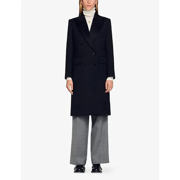 Sandro Double-breasted Wool-blend Coat With Satin Lapel