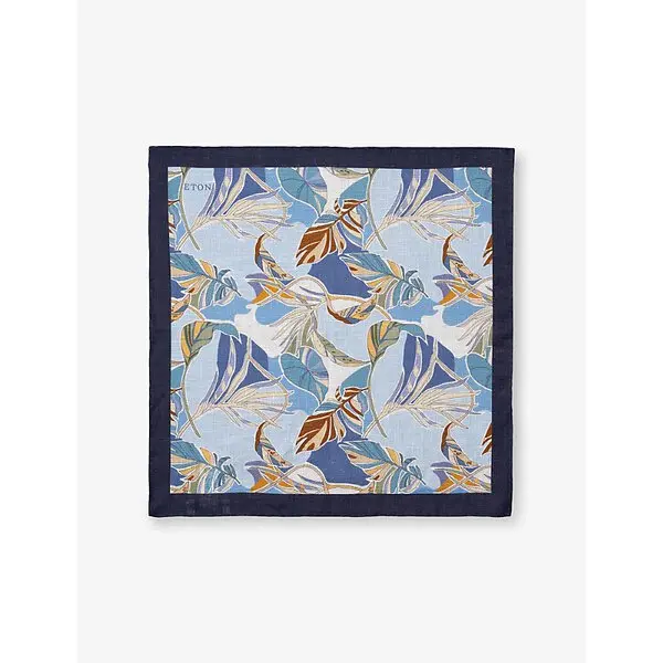 Eton Tropical-print Linen Pocket Square - Light Blue