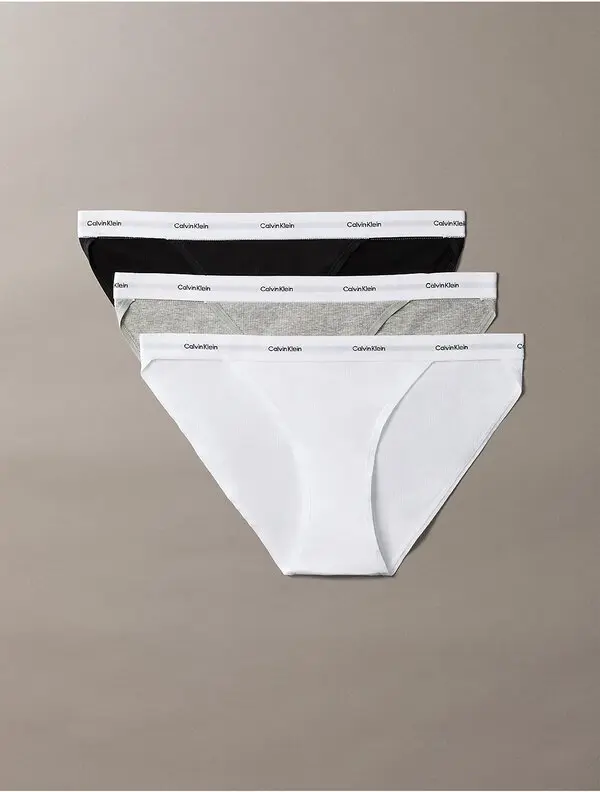 Calvin Klein Cotton Stretch Rib 3-pack String Bikini - Black / Grey / White