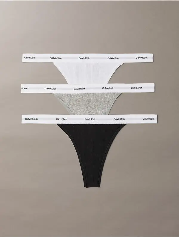 Calvin Klein Cotton Stretch Rib 3-pack String Thong - Black / Grey / White