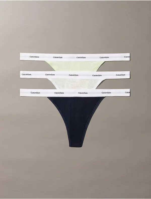Calvin Klein Cotton Stretch Rib 3-pack String Thong - Snow Heather / Shoreline / Lime Cream