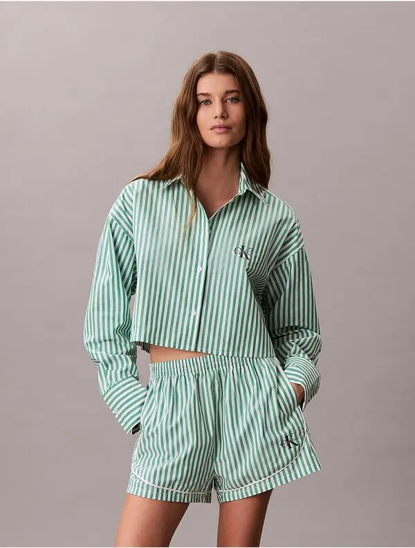 Calvin Klein Cotton Poplin Cropped Sleep Shirt - Penny Stripe Mardi Gras Green