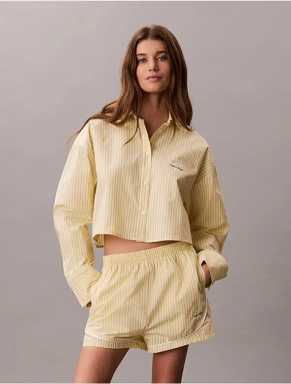 Calvin Klein Cotton Poplin Cropped Sleep Shirt - Sera Stripe Pear Sorbet