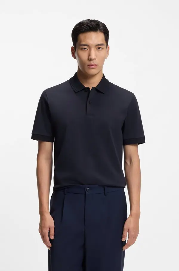 BOSS Monogram-placket Polo Shirt In A Cotton Blend - Dark Blue