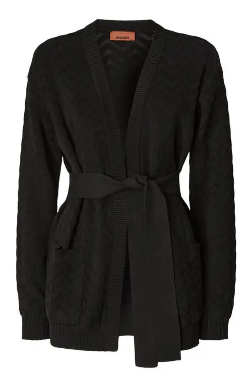 Missoni Cotton And Viscose Chevron Knit Belted Cardigan - Black