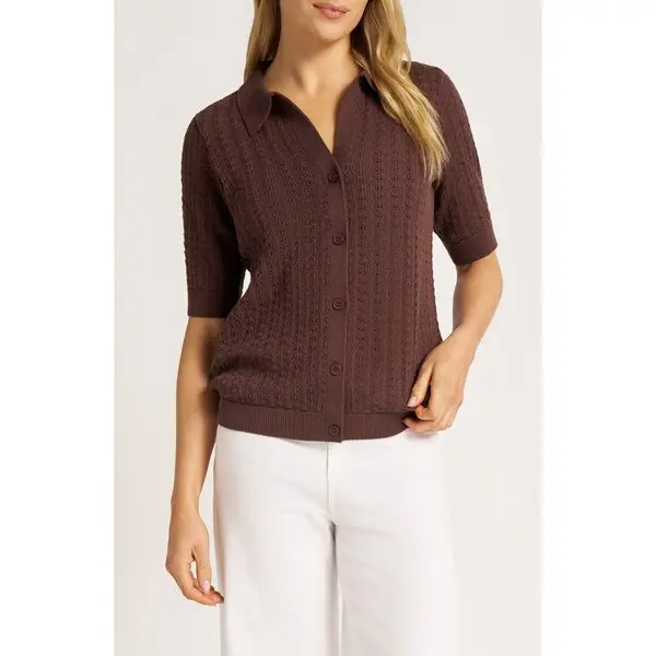 Matty M. Solana Pointelle Polo Cardigan - Chocolate