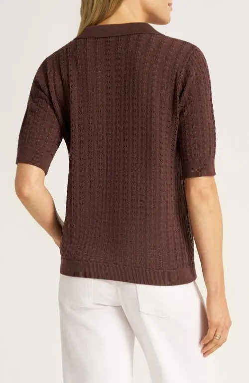 Matty M. Solana Pointelle Polo Cardigan - Chocolate