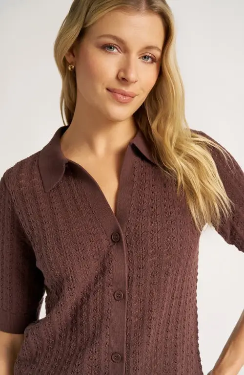 Matty M. Solana Pointelle Polo Cardigan - Chocolate