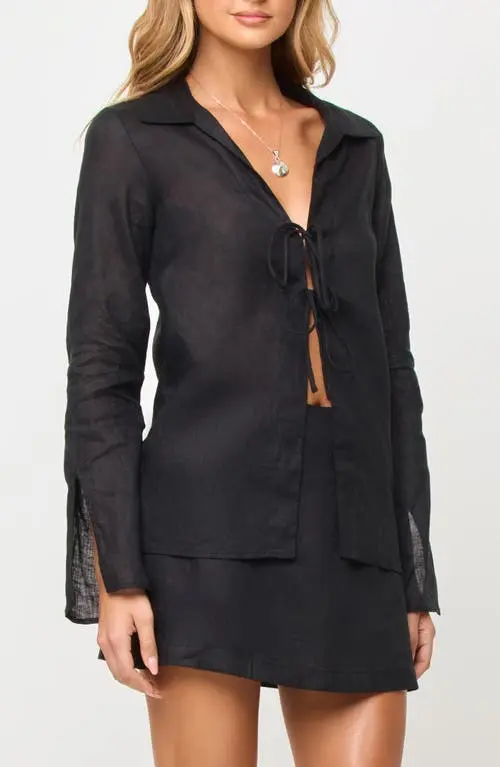 L*Space Venice Tie Front Linen Cover-up Shirt - Black