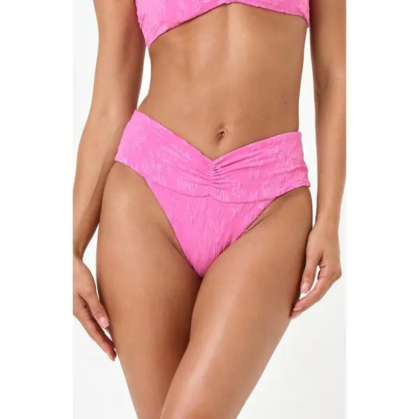 L*Space Bardot Ruched Jacquard High Waist Bikini Bottoms - Hottest Pink