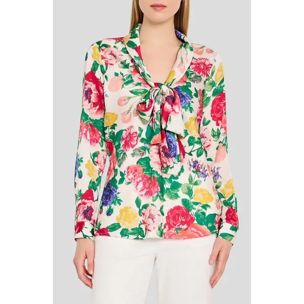 TAHARI ASL Floral Print Tie Neck Top - Ivory Multi