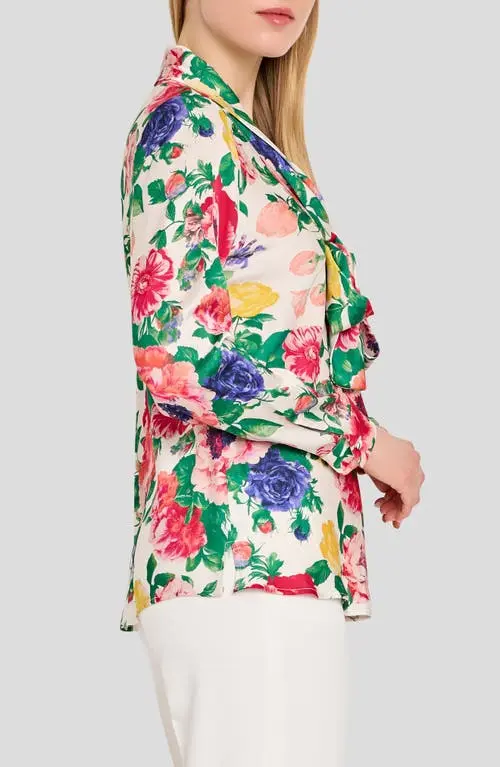 TAHARI ASL Floral Print Tie Neck Top - Ivory Multi