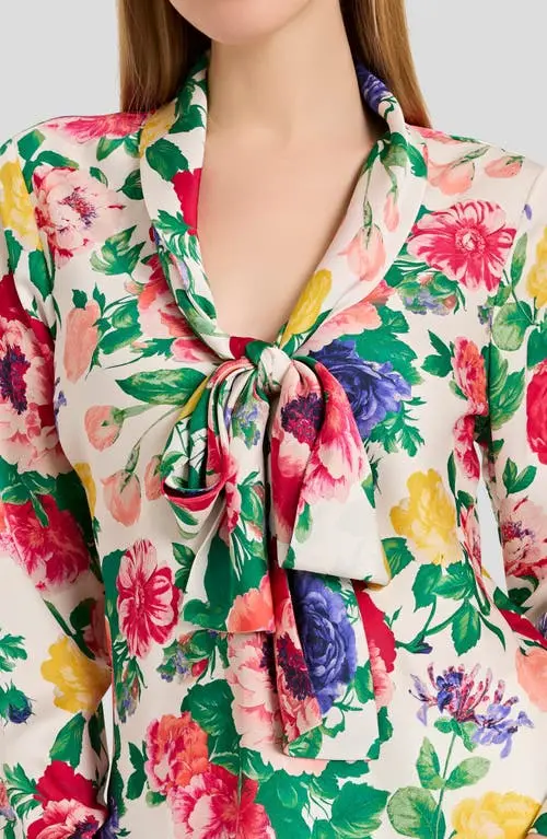 TAHARI ASL Floral Print Tie Neck Top - Ivory Multi