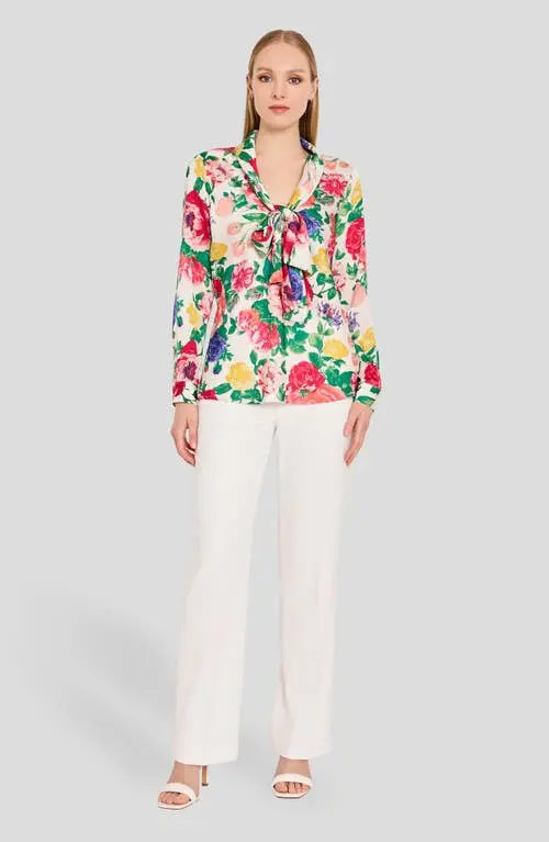 TAHARI ASL Floral Print Tie Neck Top - Ivory Multi