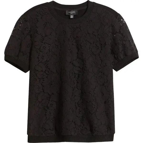 TAHARI ASL Lace Front Short-sleeve Sweater - Black