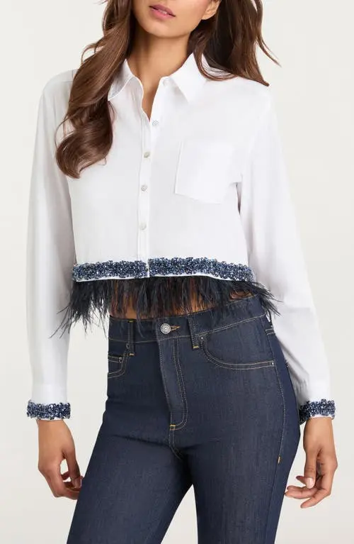 Cinq À Sept Sylvan Feather Sequin Crop Shirt - White/bluebell