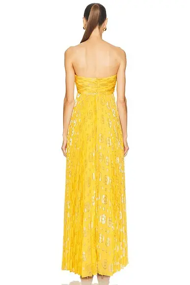 Alexis Soleil Strapless Plissé Maxi Dress With Metallic Geometric Print