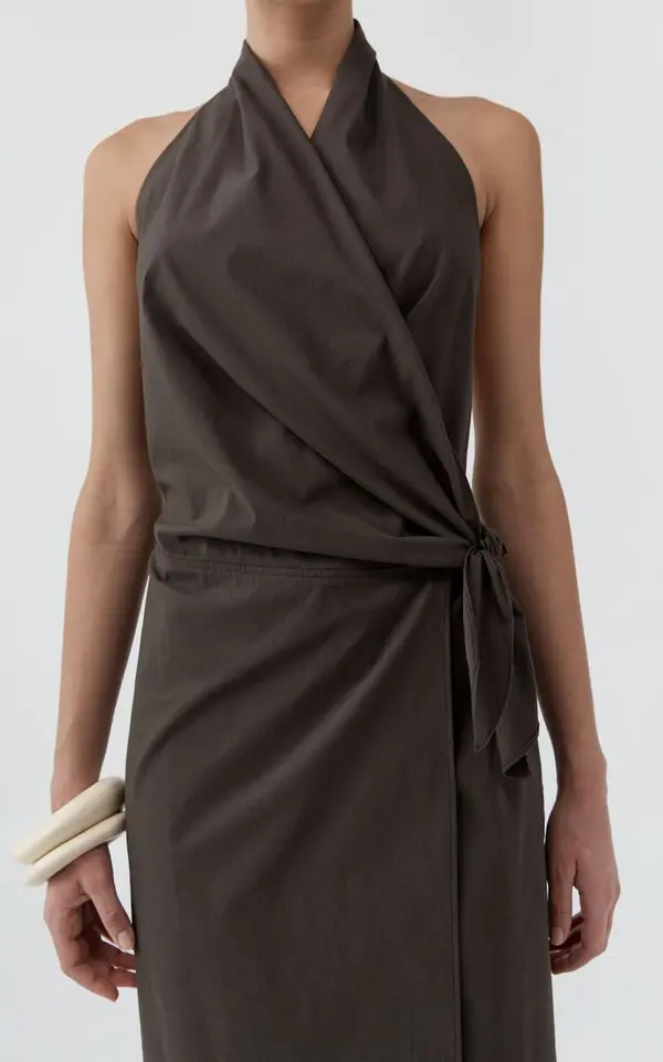 St. Agni Halter Wrap Backless Dress - Tan | Editorialist