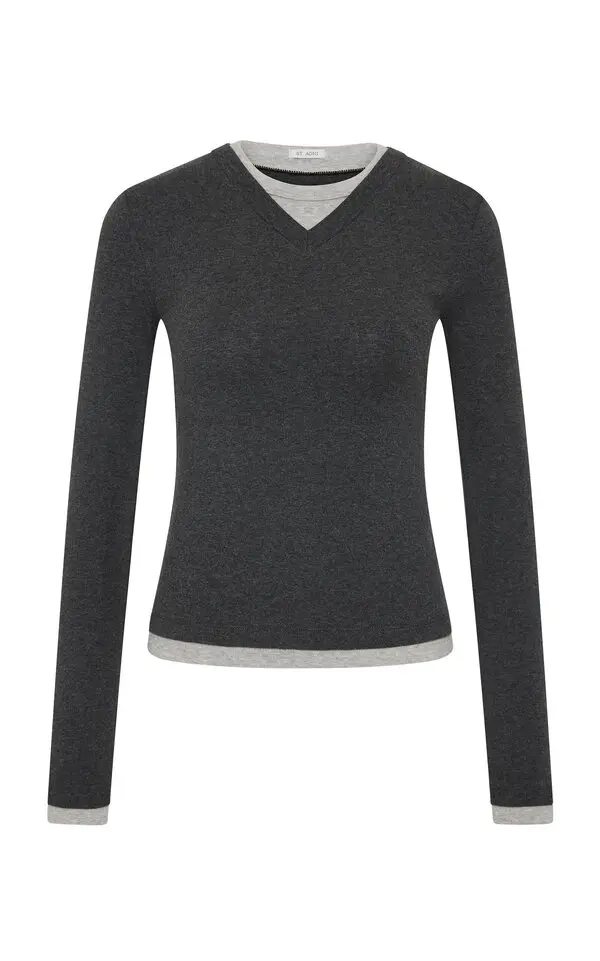 ST. AGNI Cotton V-neck Long Sleeve Top - Dark Grey