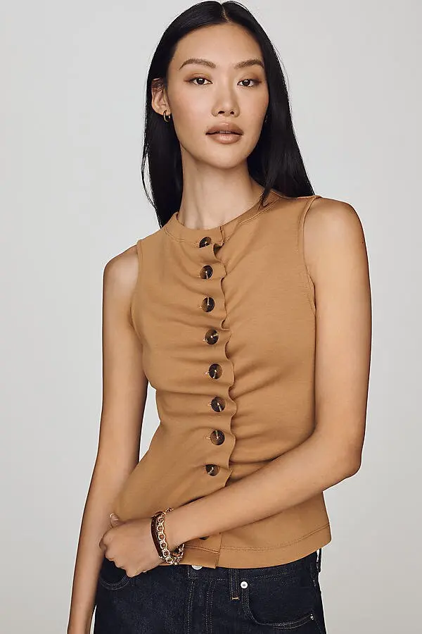 Anthropologie Ruched Sleeveless Buttondown Top - Camel