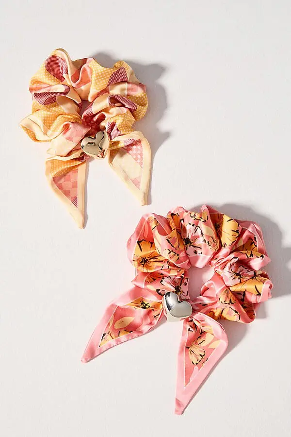 Anthropologie Charm Scrunchies Set - Pink Floral/check