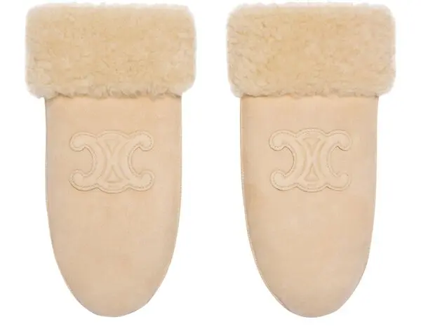 Celine Shearling Triomphe Mittens - Vanilla