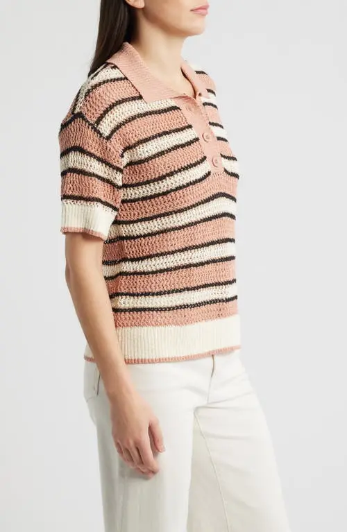 CITY BLUES Open Knit Polo Sweater - Conch/black