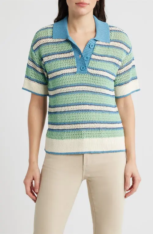 CITY BLUES Open Knit Polo Sweater - Sea Green/ocean