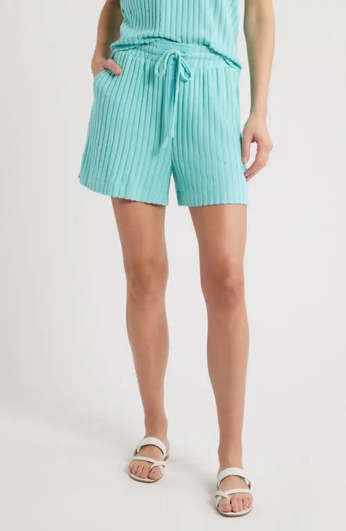 CITY BLUES Cozy Rib Drawstring Shorts - Aqua Sky