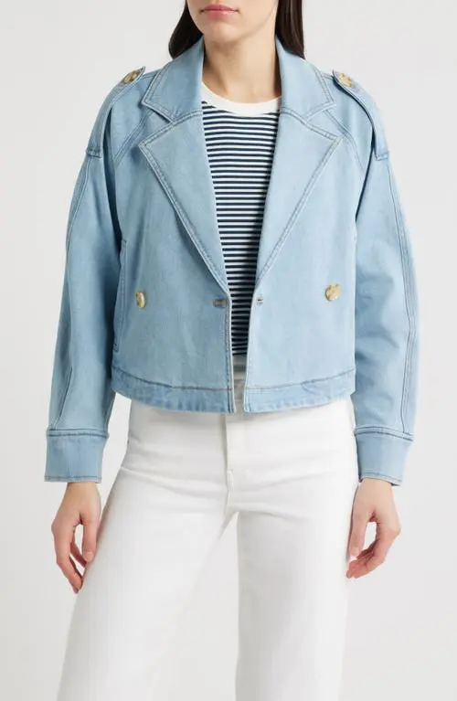 CITY BLUES Double Breasted Denim Crop Trench Jacket - Vintage Wash