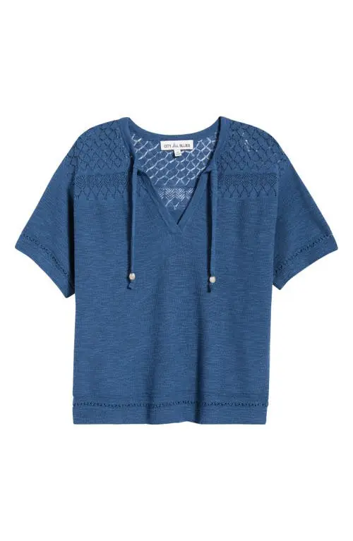 CITY BLUES Tie Neck Pointelle Top - Cadet Blue