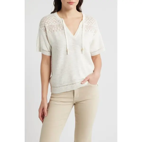 CITY BLUES Tie Neck Pointelle Top - Gardenia