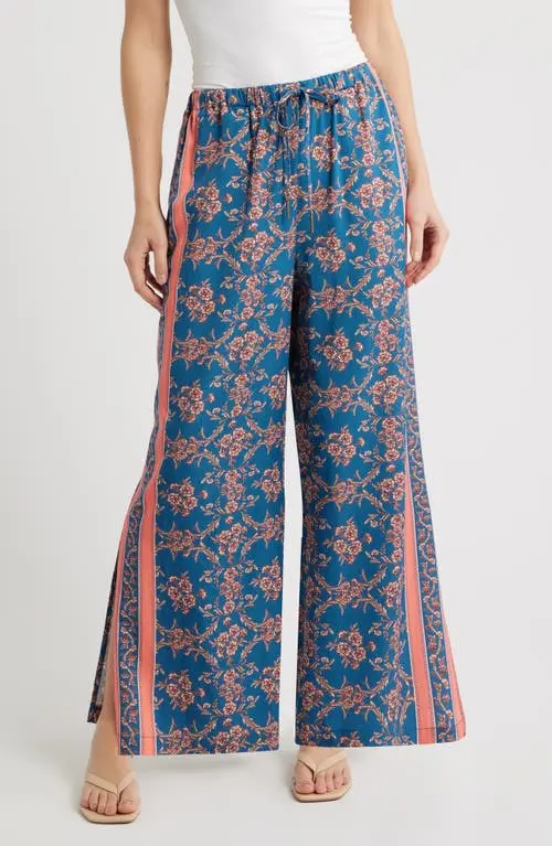 CITY BLUES Floral Side Slit Lounge Pants - Cadet Blue/dusty Pink
