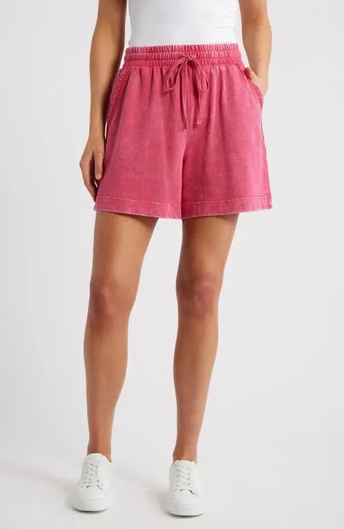 CITY BLUES Crochet Accent Cotton Knit Shorts - Bright Rose